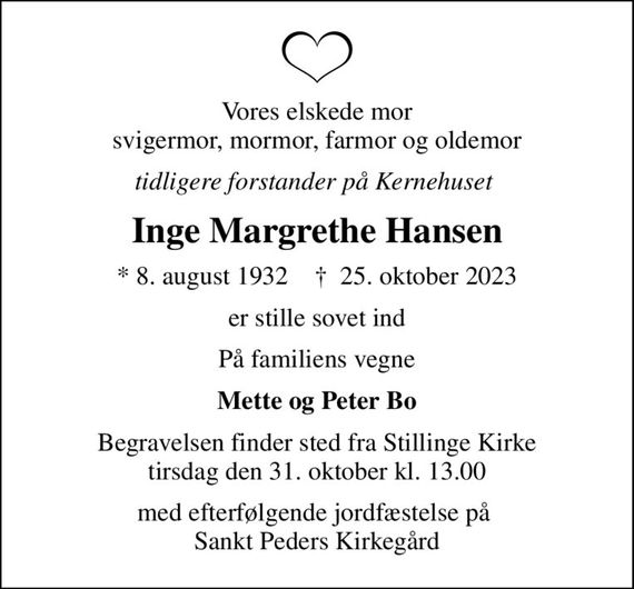 Inge Margrethe Hansen | Dødsannoncer i Danmark