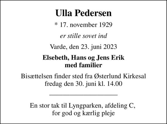 Ulla Pedersen | Dødsannoncer i Danmark