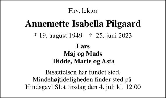 Annemette Isabella Pilgaard | Dødsannoncer i Danmark