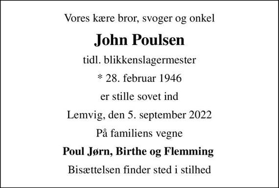 John Poulsen | Dødsannoncer i Danmark
