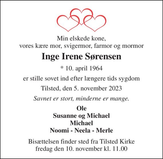 Inge Irene Sørensen | Dødsannoncer i Danmark