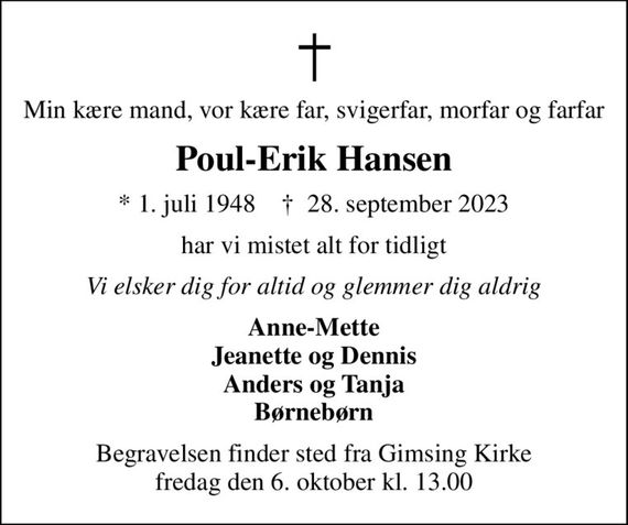 Poul Erik Hansen | Dødsannoncer i Danmark