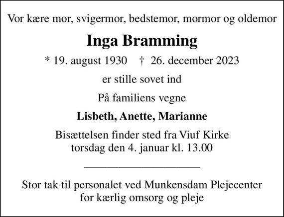 Inga Bramming | Dødsannoncer i Danmark