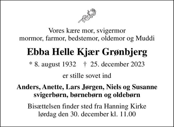 Ebba Helle Kjær Grønbjerg | Dødsannoncer i Danmark
