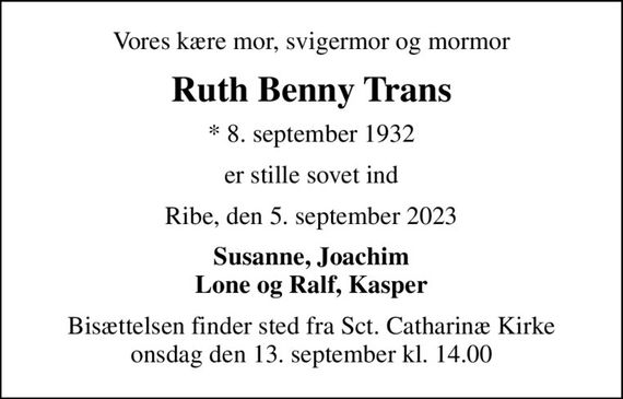 Ruth Benny Trans | Dødsannoncer i Danmark