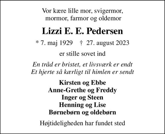 Lizzi Eva Engly Pedersen | Dødsannoncer i Danmark