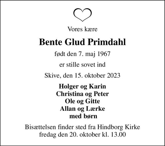 Bente Glud Primdahl | Dødsannoncer i Danmark