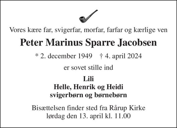 Peter Marinus Sparre Jacobsen | Dødsannoncer i Danmark