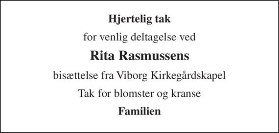Rita Rasmussen | Dødsannoncer i Danmark