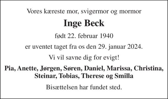 Inge Beck | Dødsannoncer i Danmark
