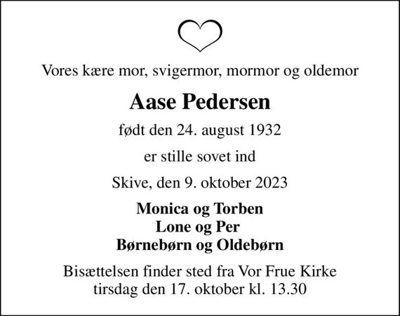 Aase Pedersen | Dødsannoncer i Danmark