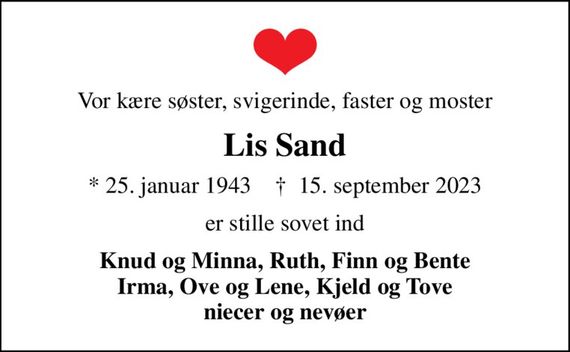 Lis Sand | Dødsannoncer i Danmark