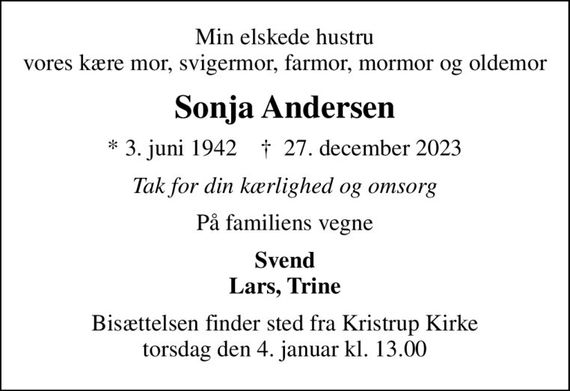 Sonja Andersen | Dødsannoncer i Danmark
