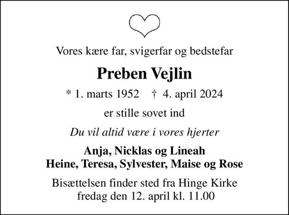 Preben Vejlin | Dødsannoncer i Danmark