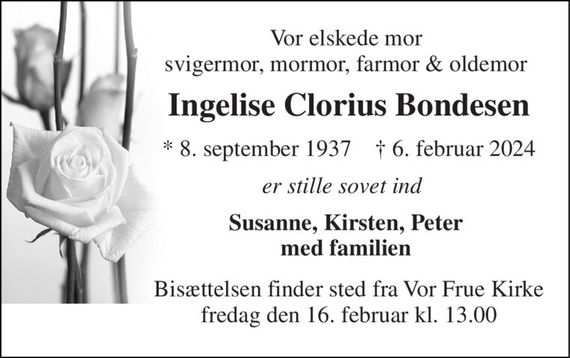 Ingelise Clorius Bondesen | Dødsannoncer i Danmark
