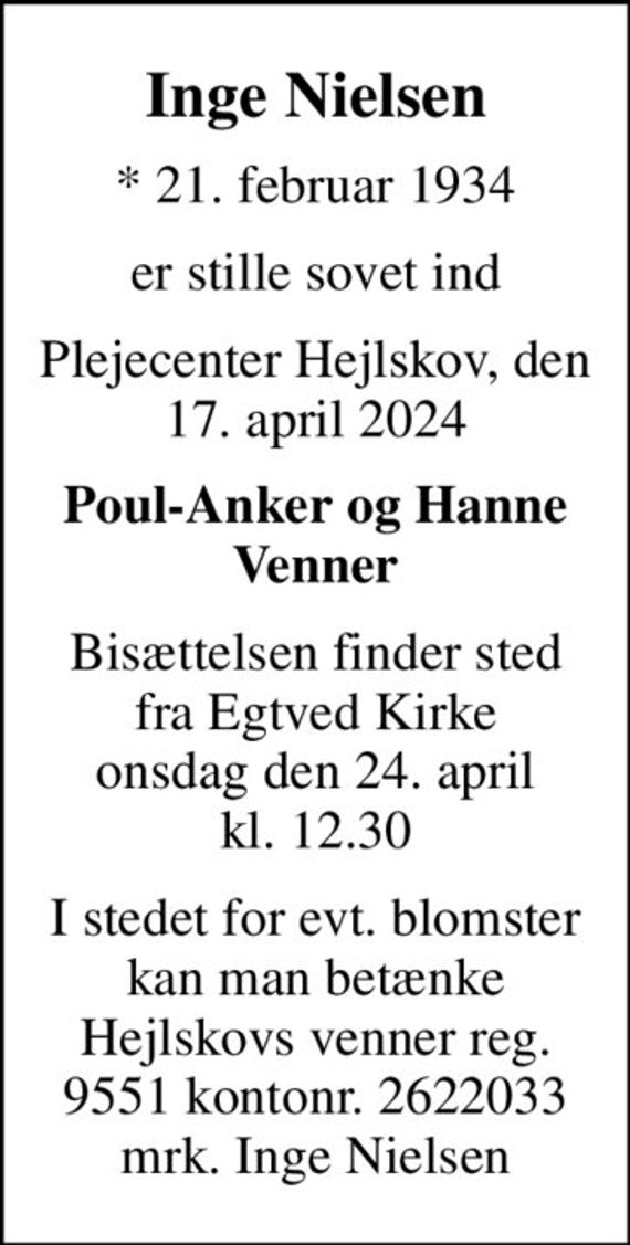 Inge Nielsen | Dødsannoncer i Danmark