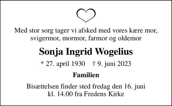 Sonja Ingrid Wogelius | Dødsannoncer i Danmark