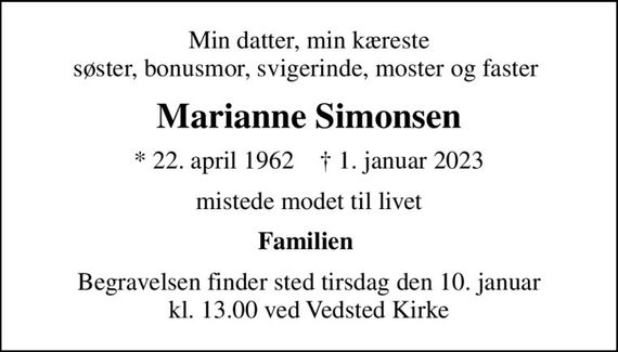 Marianne Simonsen | Dødsannoncer i Danmark