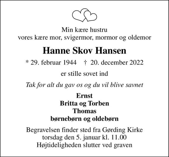 Hanne Skov Hansen | Dødsannoncer i Danmark