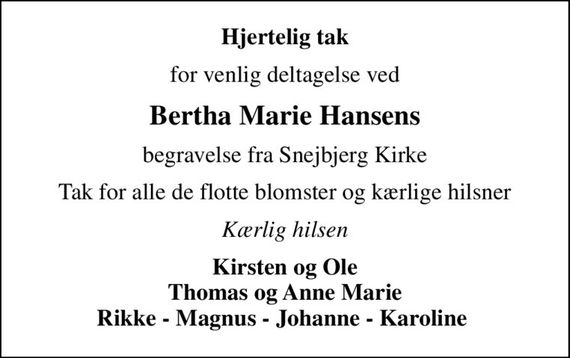 Bertha Marie Hansen | Dødsannoncer i Danmark