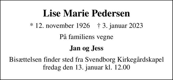 Lise Marie Pedersen | Dødsannoncer i Danmark