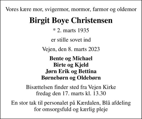 Birgit Boye Christensen | Dødsannoncer i Danmark