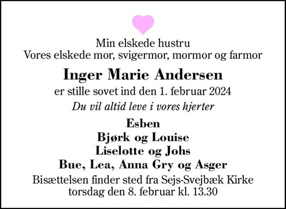 Inger Marie Andersen | Dødsannoncer i Danmark