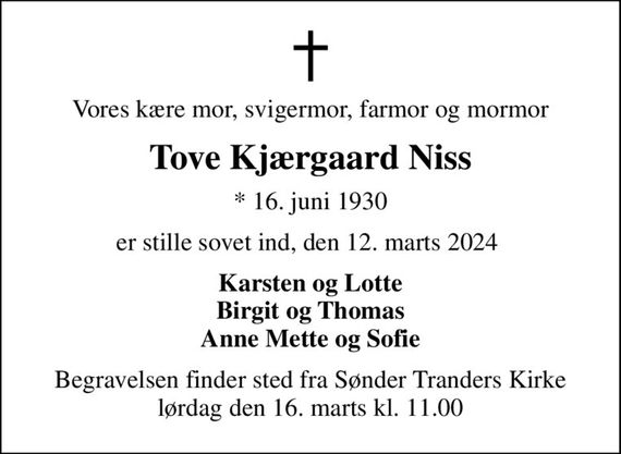 Tove Kjærgård Niss | Dødsannoncer i Danmark