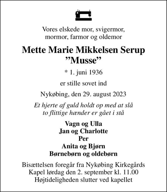 Mette Marie Mikkelsen Serup | Dødsannoncer i Danmark