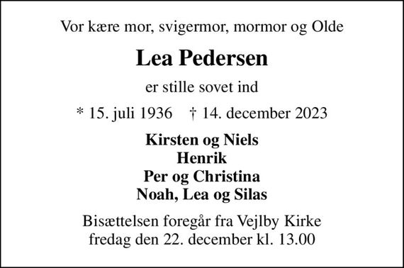 Lea Pedersen | Dødsannoncer i Danmark
