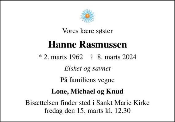 Hanne Rasmussen | Dødsannoncer i Danmark