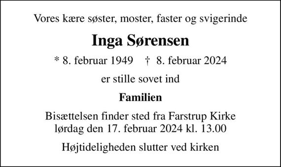 Inga Sørensen | Dødsannoncer i Danmark