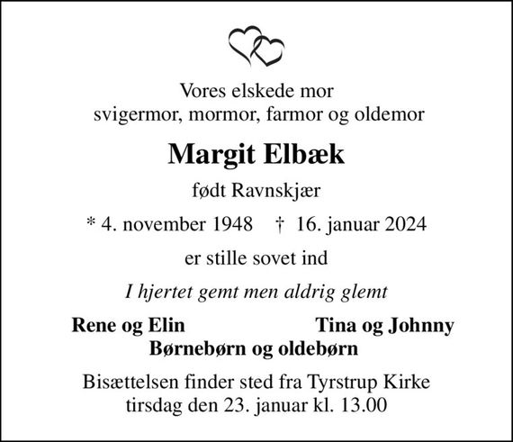 Margit Elbæk | Dødsannoncer i Danmark