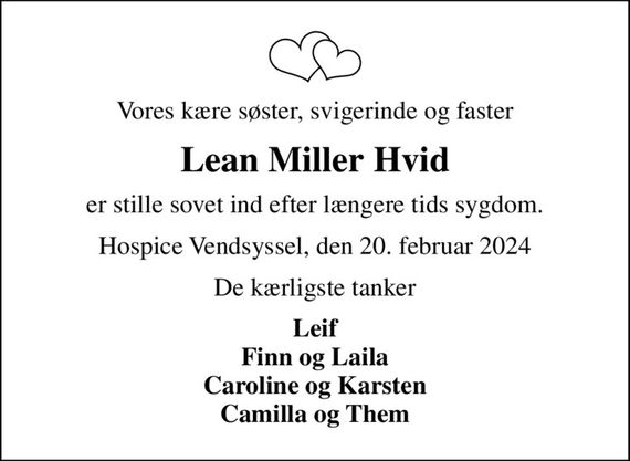 Lean Miller Hvid | Dødsannoncer i Danmark
