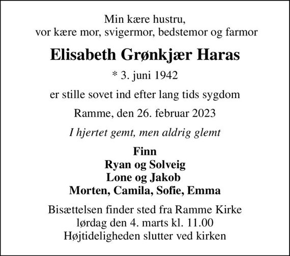 Elisabeth Grønkjær Haras | Dødsannoncer i Danmark