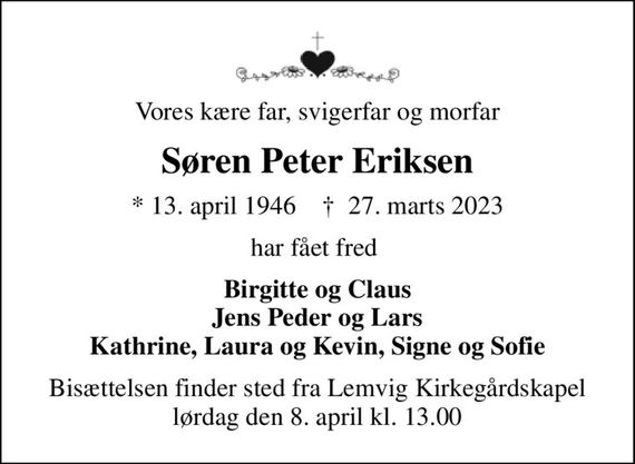 Søren Peter Eriksen | Dødsannoncer i Danmark