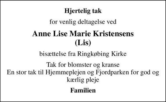 Anne Lise Marie Kristensen | Dødsannoncer i Danmark