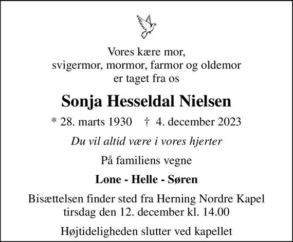 Sonja Hesseldal Nielsen | Dødsannoncer i Danmark