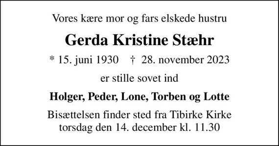 Gerda Kristine Stæhr | Dødsannoncer i Danmark