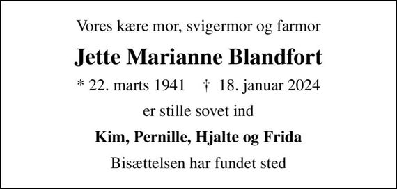 Jette Marianne Blandfort | Dødsannoncer i Danmark