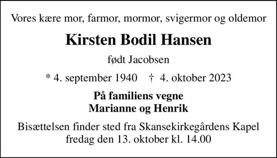 Kirsten Bodil Hansen | Dødsannoncer i Danmark