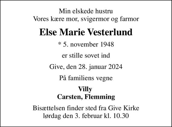 Else Marie Vesterlund | Dødsannoncer i Danmark