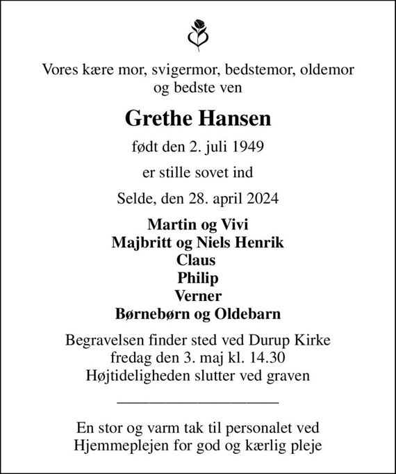 Grethe Johanne Bodilsen Hansen | Dødsannoncer i Danmark