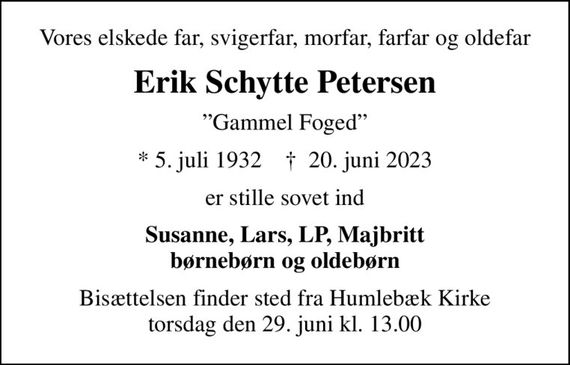 Erik Schytte Petersen | Dødsannoncer i Danmark