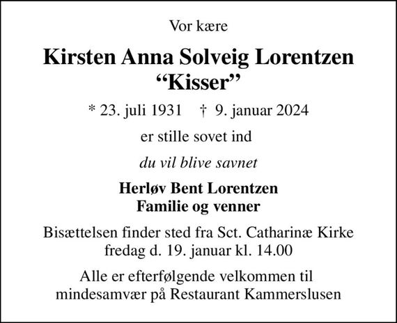 Kirsten Anna Solveig Lorentzen | Dødsannoncer i Danmark