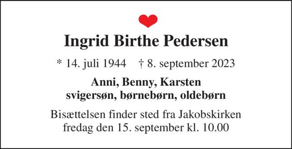 Ingrid Birthe Pedersen | Dødsannoncer i Danmark