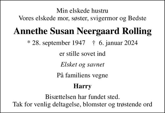 Annethe Susan Neergaard Rolling | Dødsannoncer i Danmark