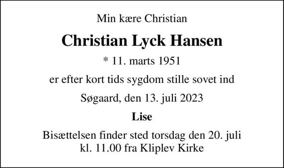 Christian Lyck Hansen | Dødsannoncer i Danmark