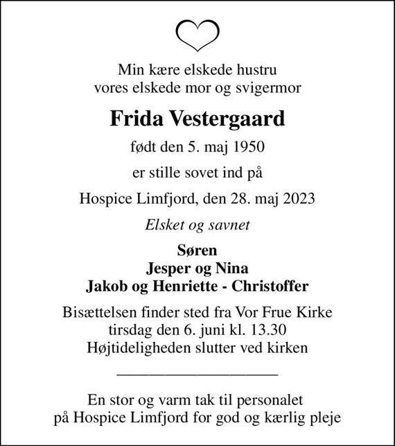 Frida Gregersen Dalgaard Vestergaard | Dødsannoncer i Danmark