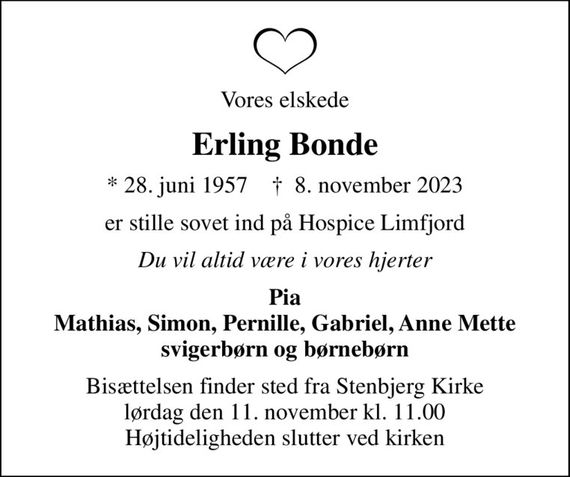 Erling Bonde | Dødsannoncer i Danmark